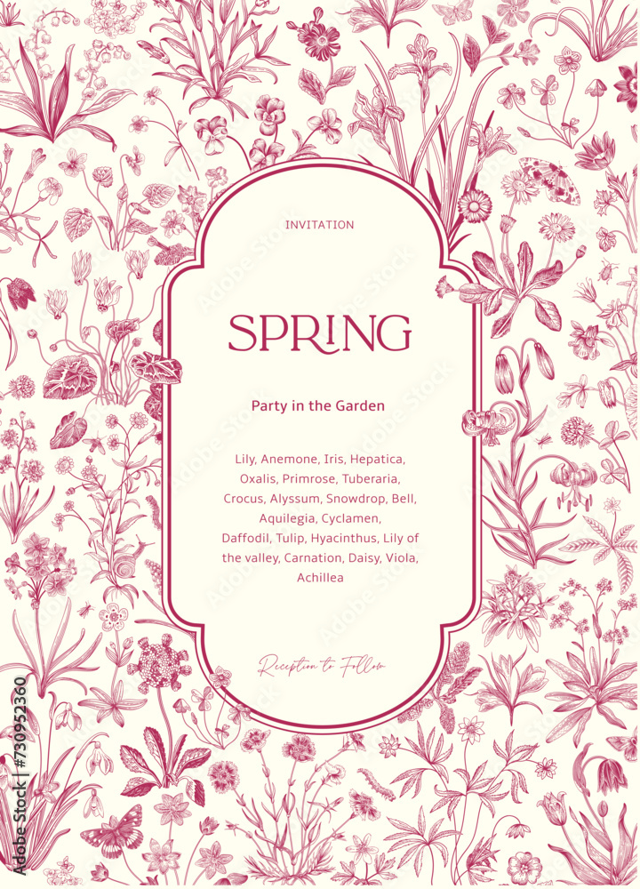 Spring. Invitation. Vintage vector botanical illustration. Magenta and ...