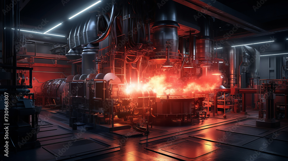 advanced propulsion laboratory. A dark room with glowing engines being ...