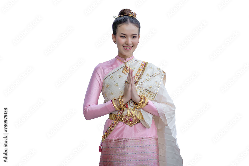 Beautiful Thai Girl in a traditional Elegant pink dress and yellow sash ...