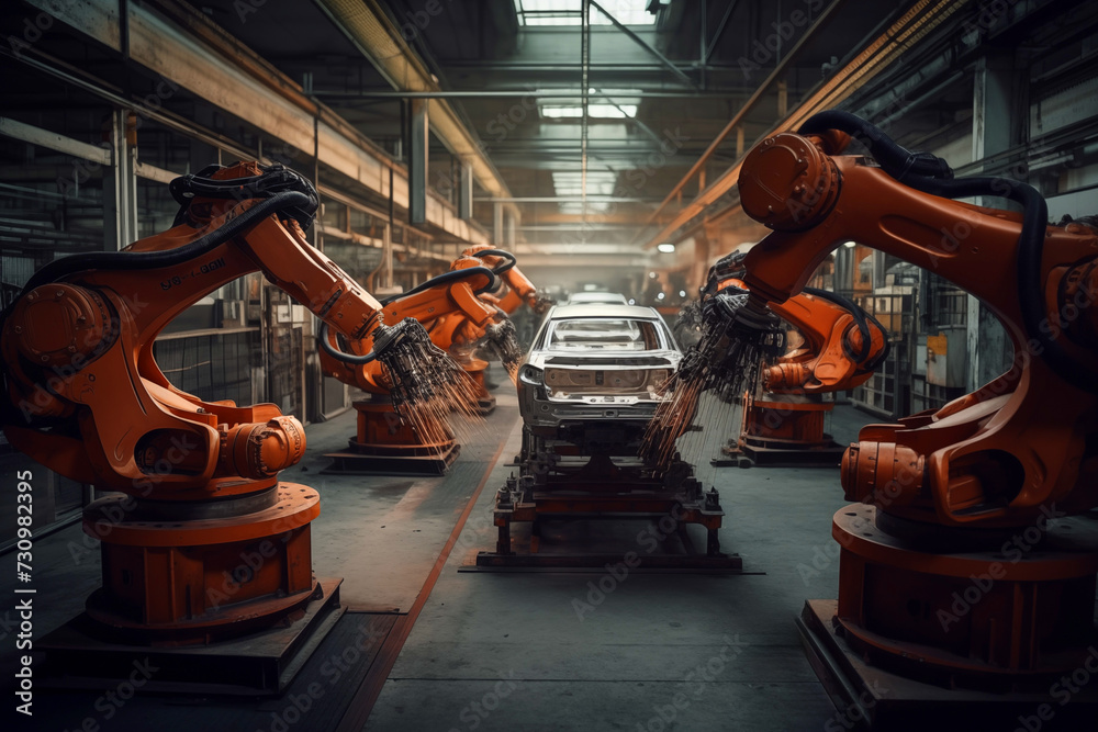 Robots in workshop of automobile plant. Automotive robotic factory ...