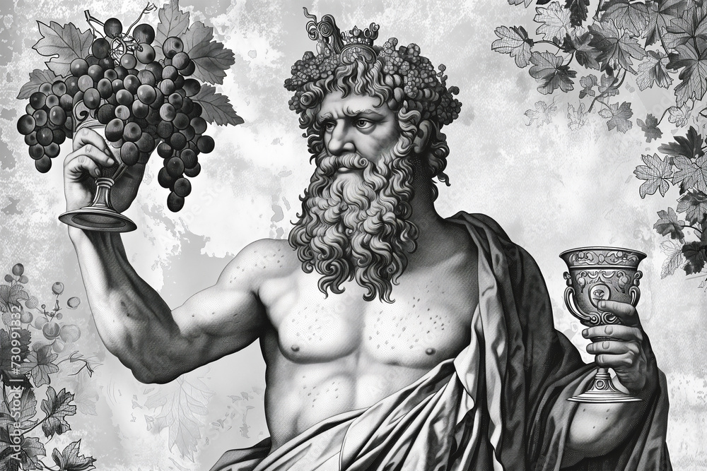 Engraved portrait of Bacchus the Roman god of wine who's father was ...