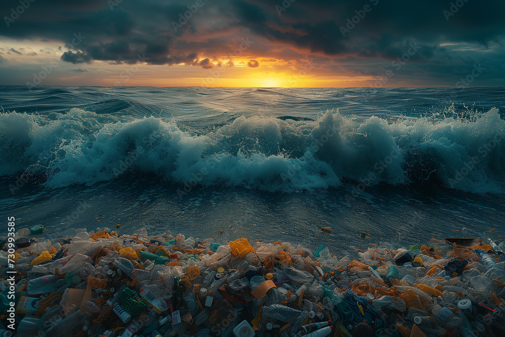 Foamy waves crash onto a beach blanketed with plastic waste under a ...