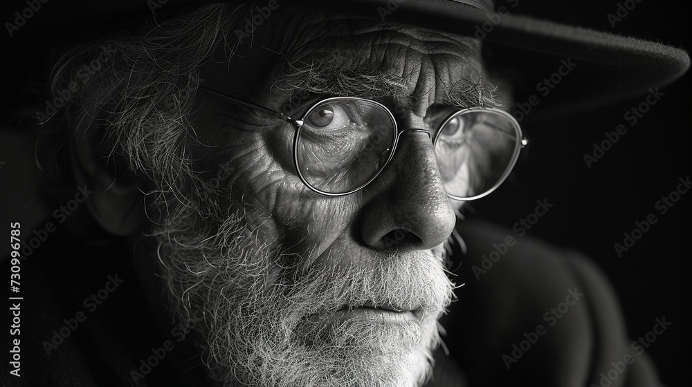Black and white close-up photo portrait of a sad old man in glasses ...