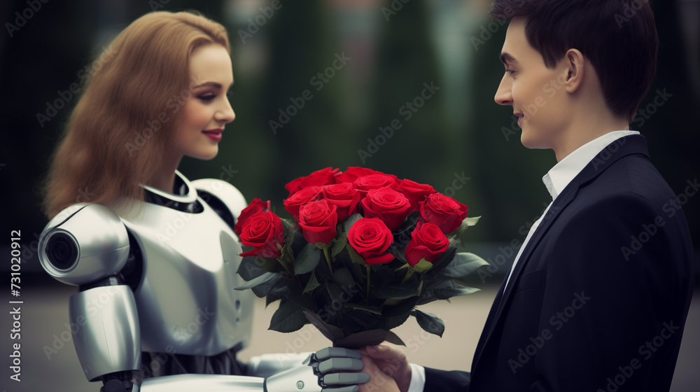 Young man giving a bouquet of roses to his humanoid robot girlfriend ...