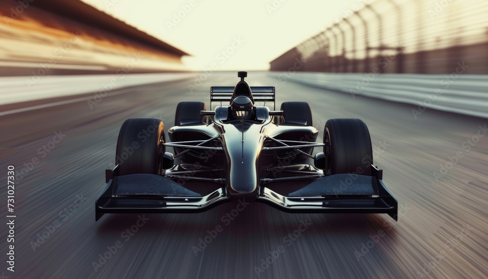 Brandless fully black Formula 1 bolid front view while racing on high ...