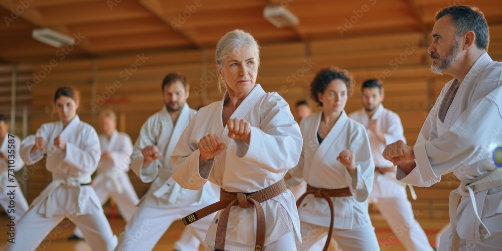 Women and men of different ages practice kata during group karate ...