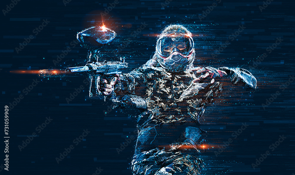 Paintball player. Paint ball soldier on black background. Advertisement ...