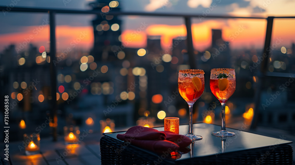 Rooftop Sunset Cocktails Overlooking City Skyline. Two cocktails adorn ...