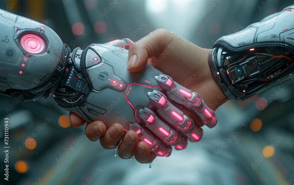 A human hand delicately clasps the metallic fingers of a robot ...