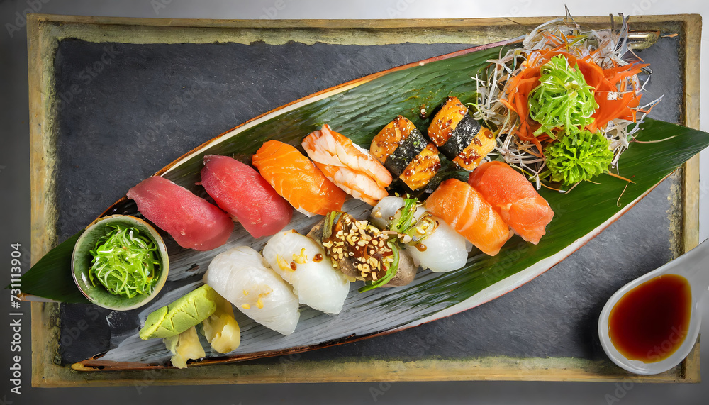 Mixed sushi rolls sashimi, maki, temaki, oshizushi, nigiri, gunkan maki ...