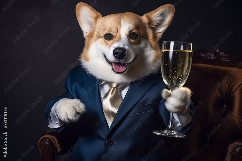 Pembroke Welsh Corgi in a blue suit at a party with a glass of ...