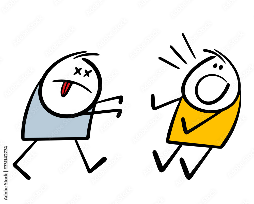 Terrible zombie is chasing a man, wants to bite him. Vector ...