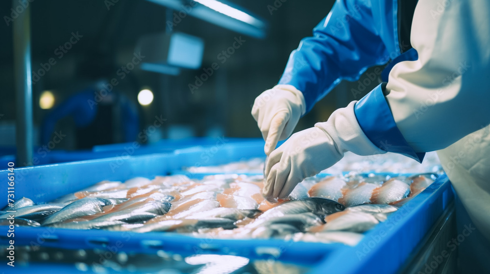 Group of seafood processing staff working the fish moving along the ...