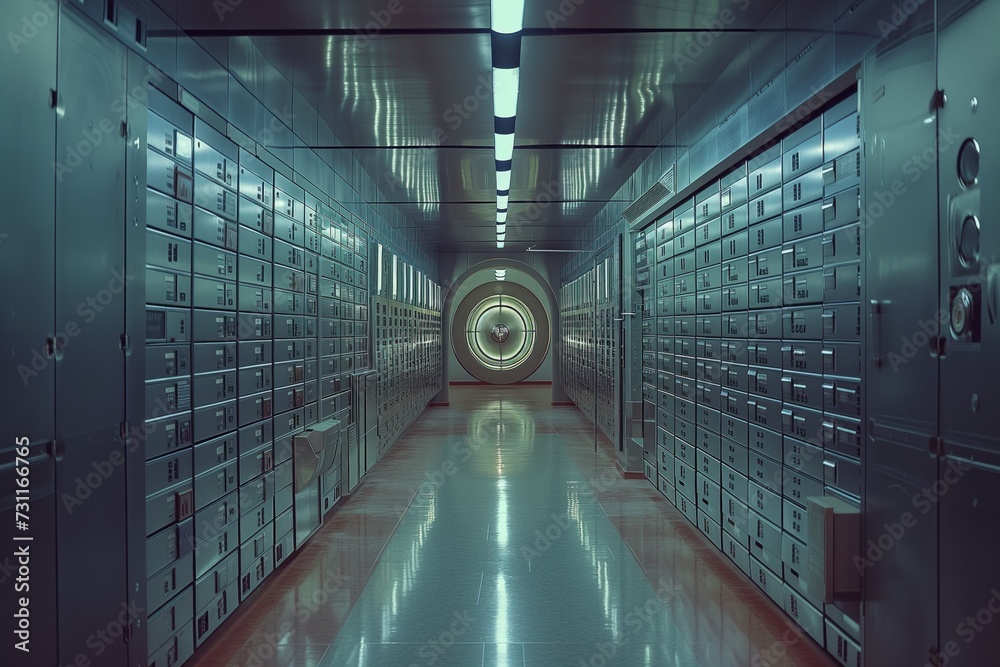 An interior of a bank vault with rows of safety deposit boxes ...
