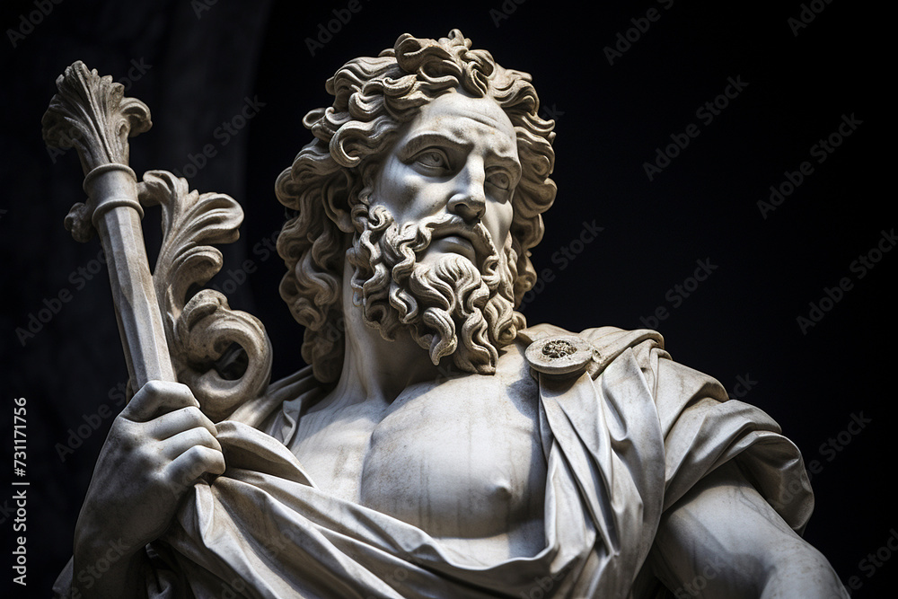 Greek god sculpture with modern weapon. Marble, stone sculpture holding ...