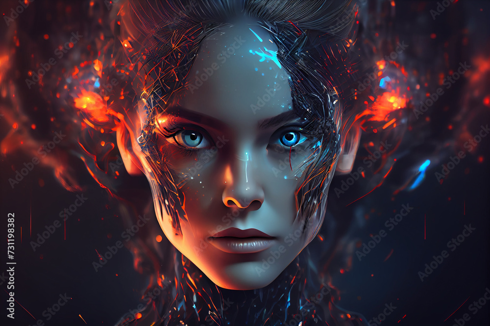 Ilustración de Stock AI. Woman Cyborg head with artificial neural ...