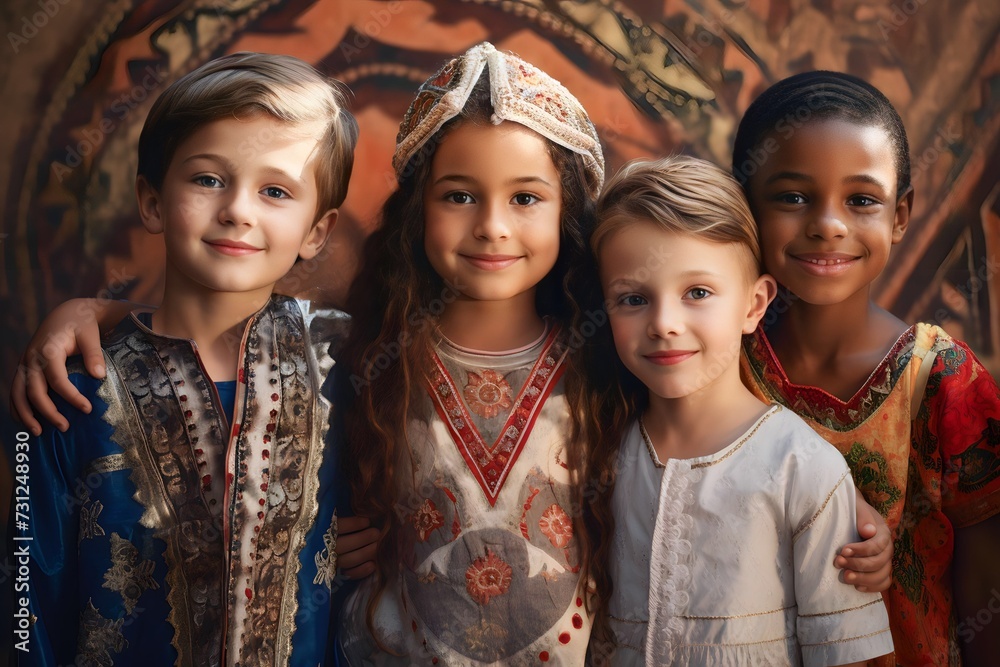 The group of children is culturally diverse with charming traditional ...
