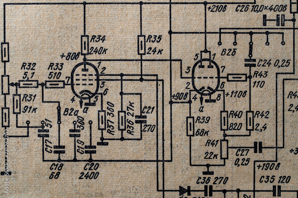 Old radio circuit printed on vintage paper electricity diagram as ...