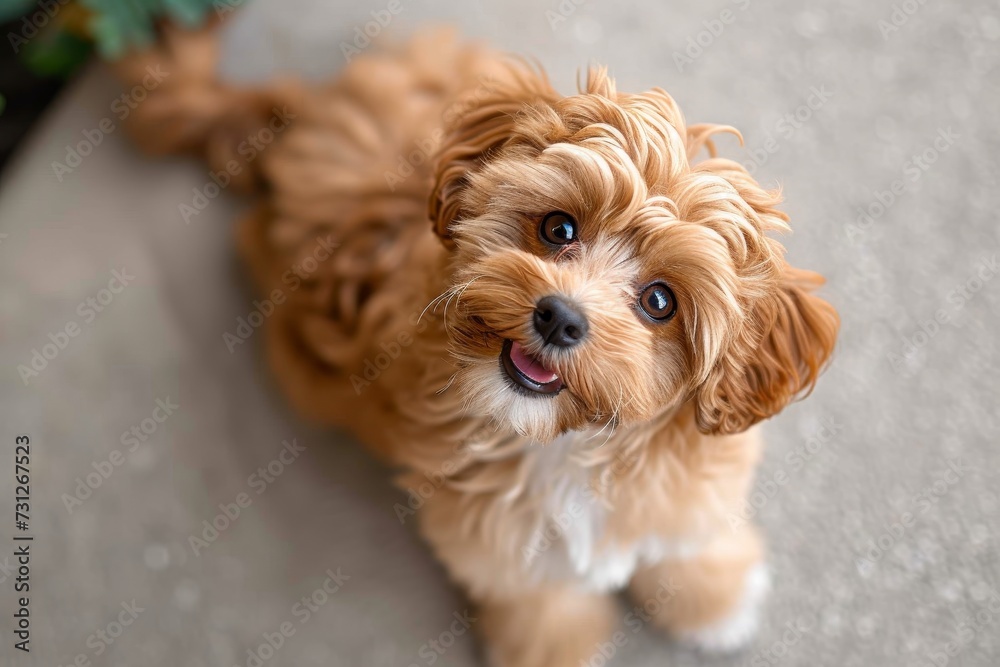 A curious companion dog gazes up at the camera with its fluffy, brown ...