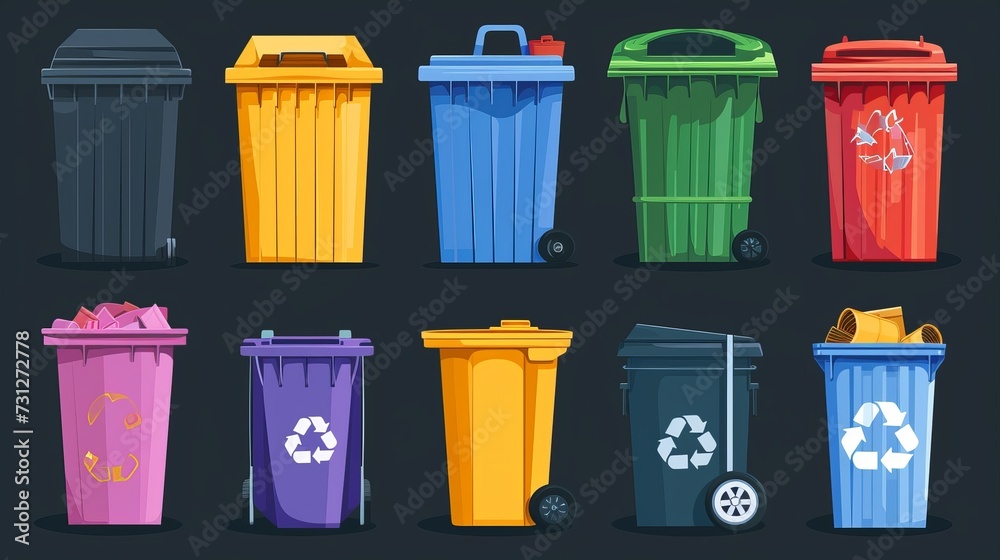 A flat illustration set depicting street and in-house trash bins ...
