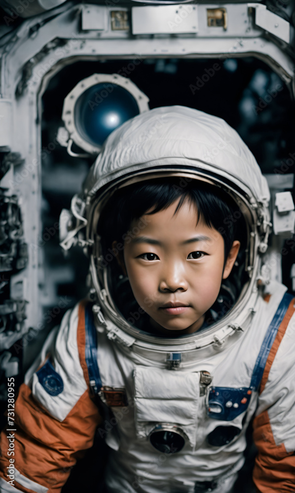 Astronaut kid. Child wearing astronaut suit in spaceship. Child ...