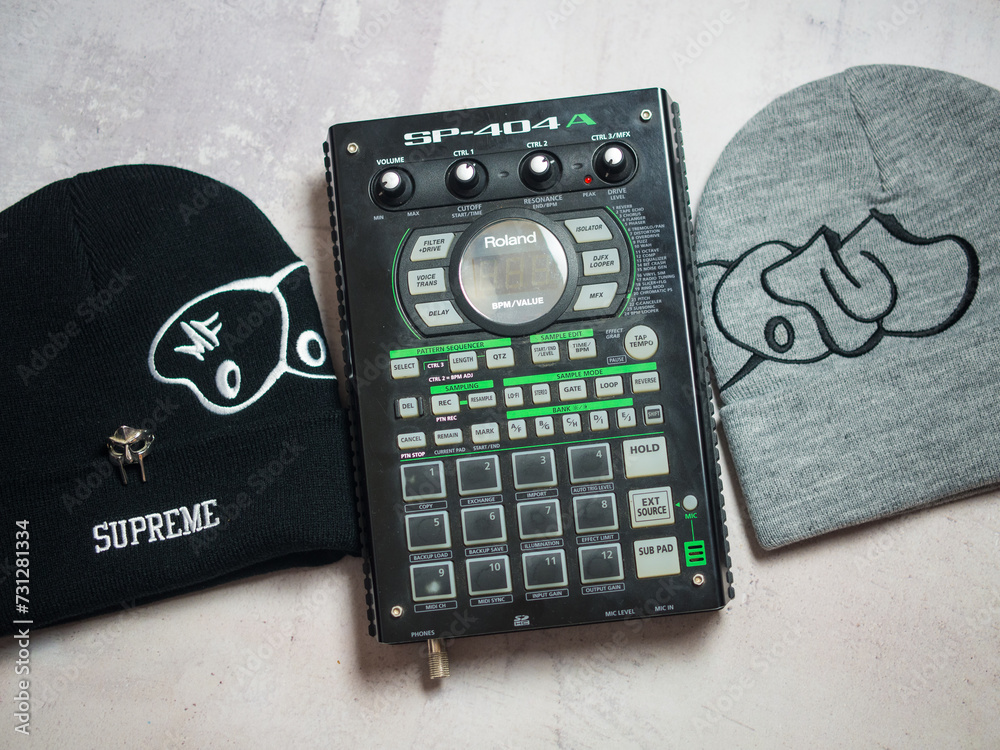 moscow russia 08 06 2023.drum machine, MF Doom mask, MF Doom Supreme ...