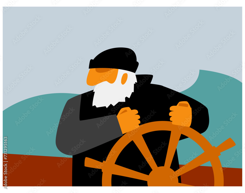 Sea wolf. The old skipper leads the ship across the stormy sea. Vector ...