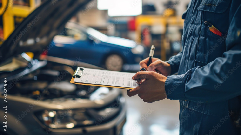 Auto mechanic performing vehicle maintenance checklist in workshop ...