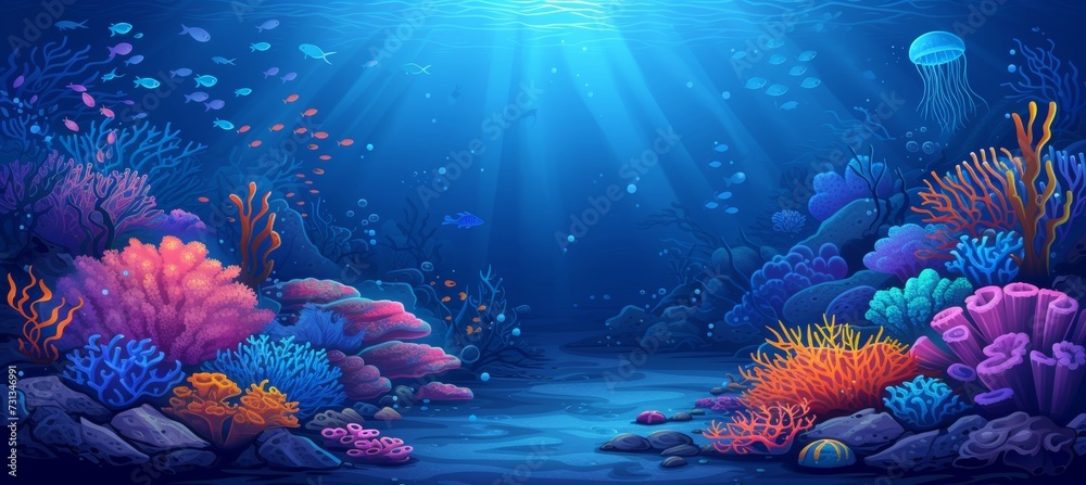 Psychedelic underwater world with vibrant coral reefs and luminous sea ...