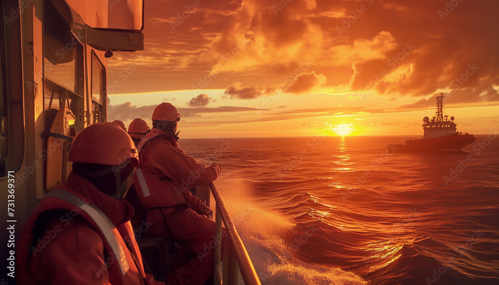 Golden hour photo of sailorman dressed uniform floating open sea on ...