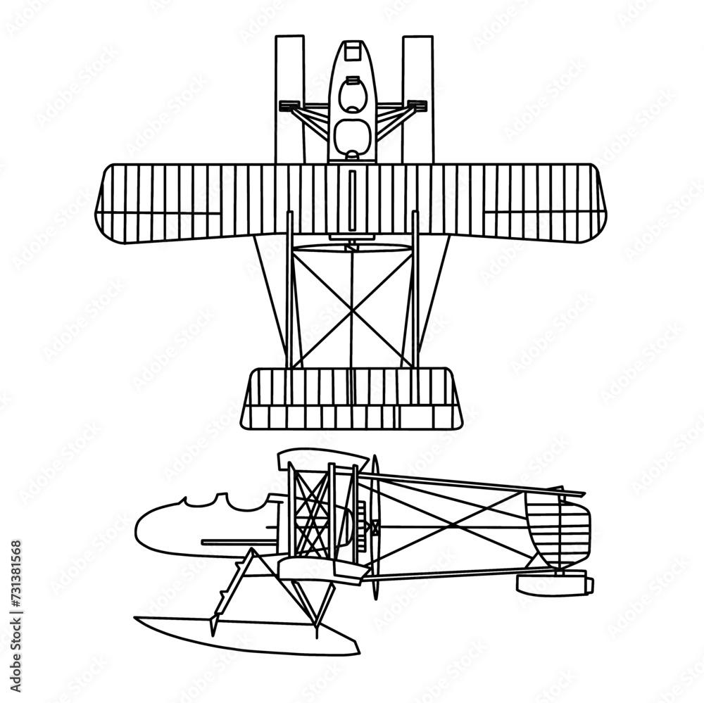 Technical sketch drawing of 1900's Amphibious Aircraft line art ...