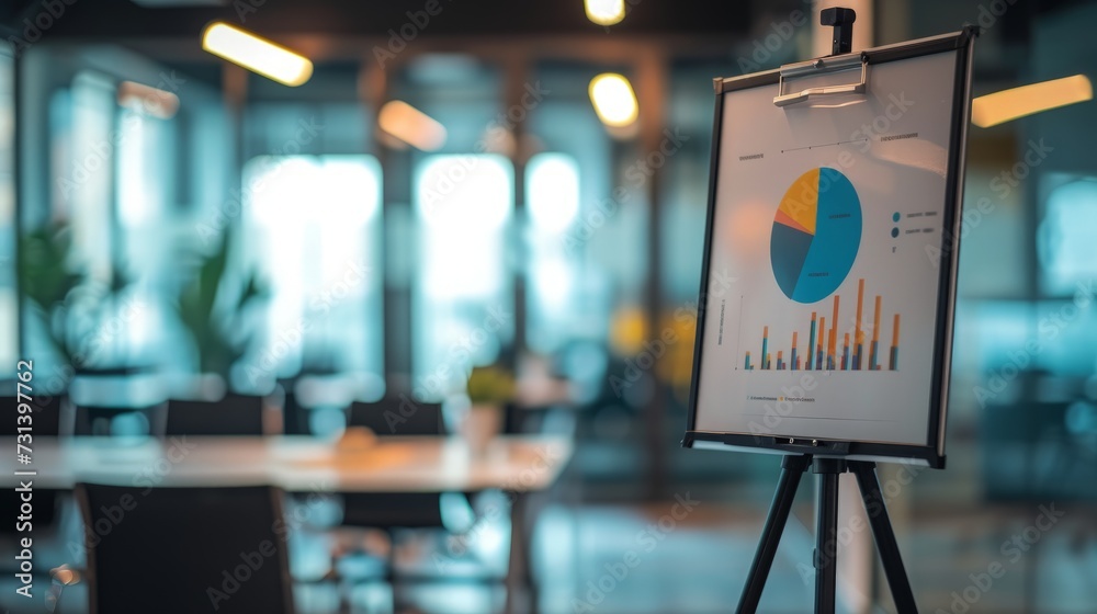 Foto de Stock Meeting room with table, chairs and whiteboard with pie ...