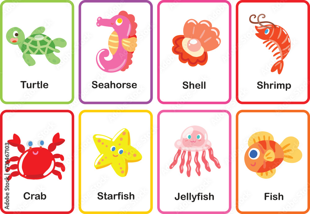 sea animals flash cards hand draw cute vector set memory gam Stock ...