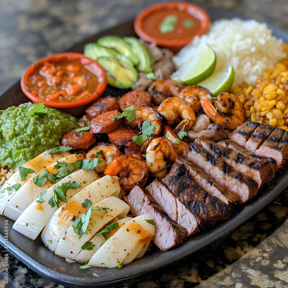 Mexican Northern-style mixed grill with carne asada and shrimp Stock ...