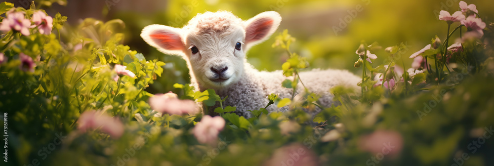 New Life Blossoms: Cute Lamb Resting Among Spring Flowers. Nature ...