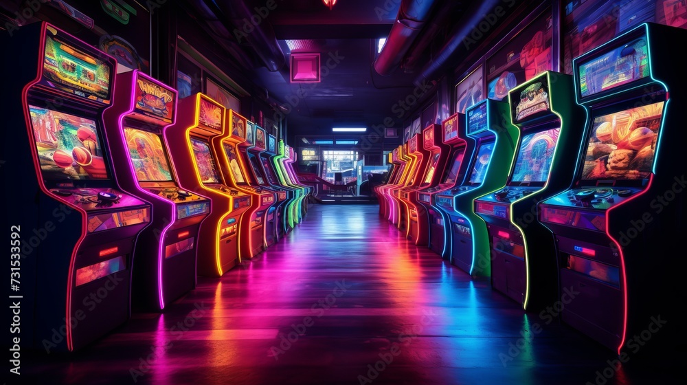 Vibrant neon arcade machines in row Stock Photo | Adobe Stock