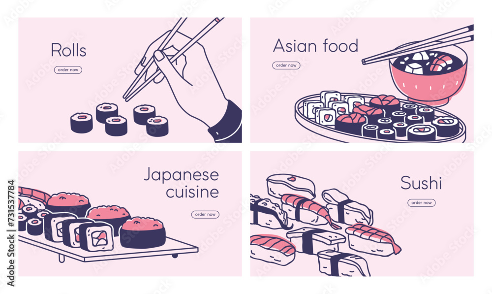 Asian food, Sushi bar, Japan restaurant, web banners designs set ...