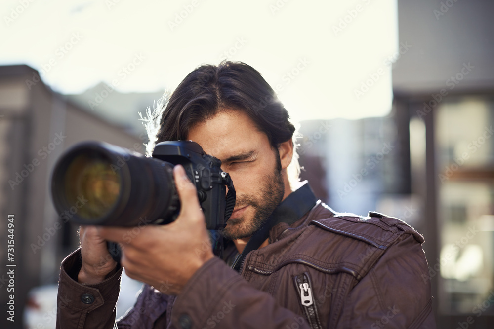 Photographer, work and man in city for travel, journey and filming ...