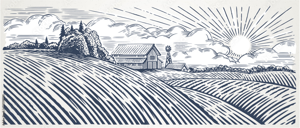 Rural landscape with a farm in engraving style. Hand drawn Illustration ...