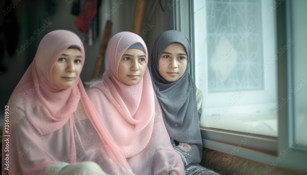 Muslim family women in hijabs sitting front house, muslim family ...