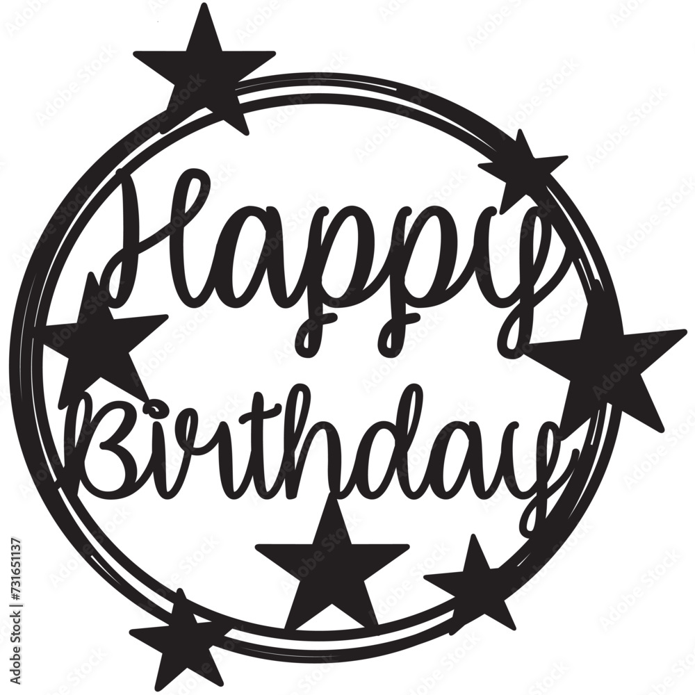 Happy birthday text font circle frame stars laser cut vector cake ...