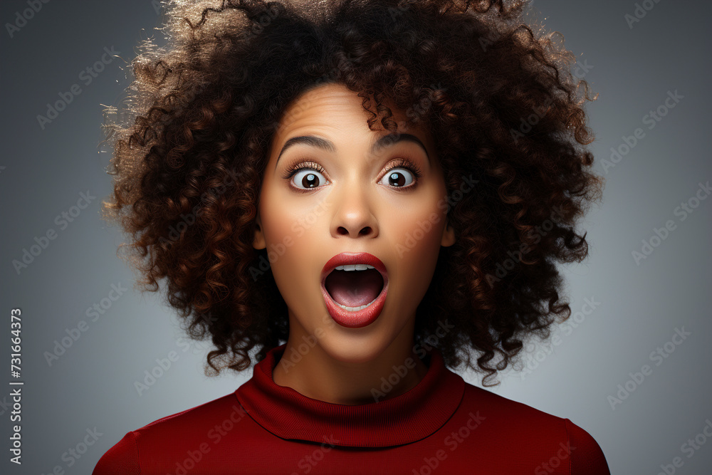 Attractive African American woman with surprised face. Sudden incredible news reaction. Wow ...