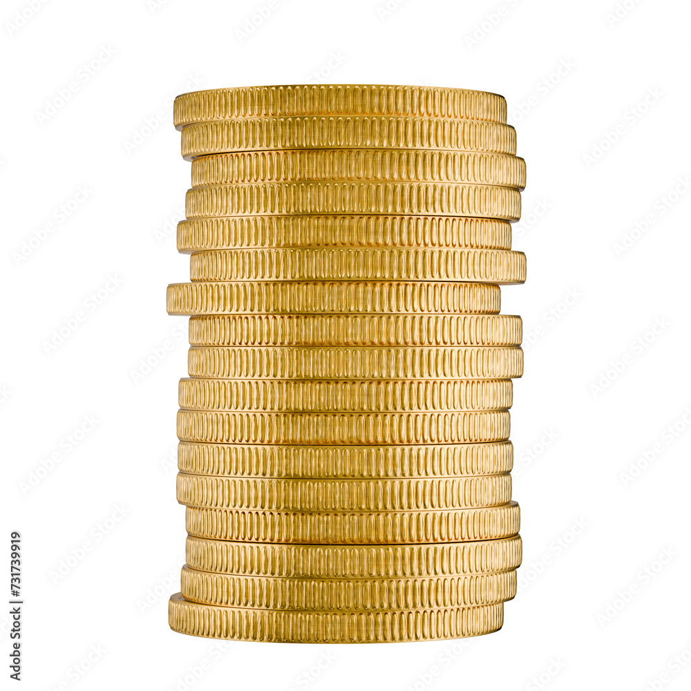 Stack, heap, scattering of gold coins on a transparent, white ...