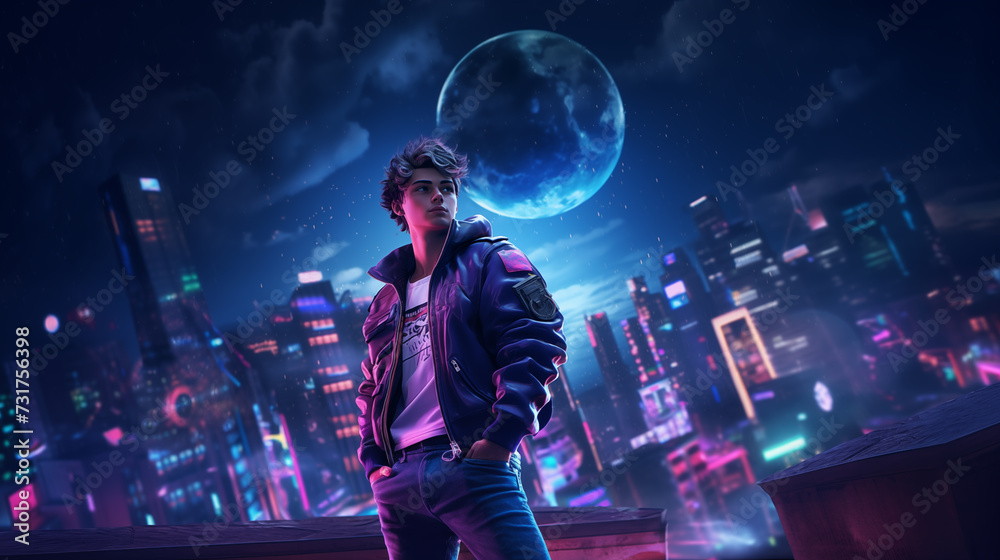 Beautiful synthwave male, boy in a nice looking clothes in a synthwave ...