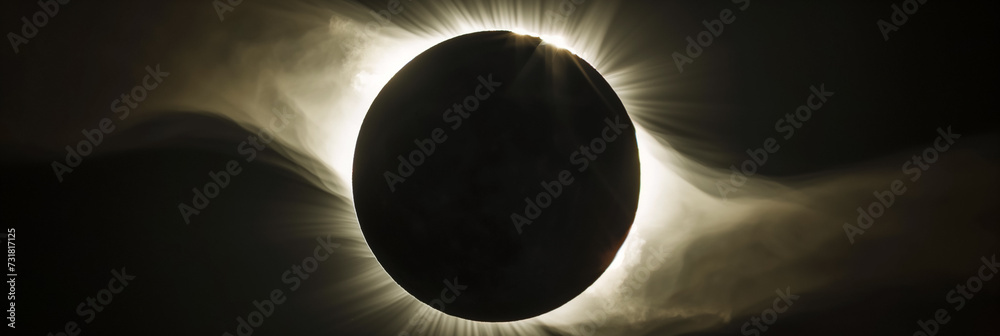 Solar eclipse with dramatic corona effect and dark silhouette of moon ...