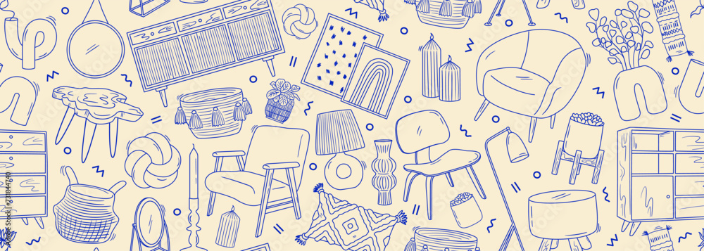 Seamless vector banner with outline drawings of trendy furniture and ...