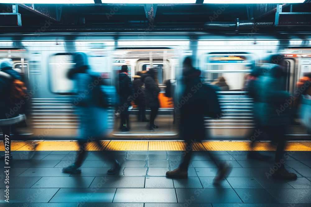 depict the hustle of city life with a candid shot of people commuting ...