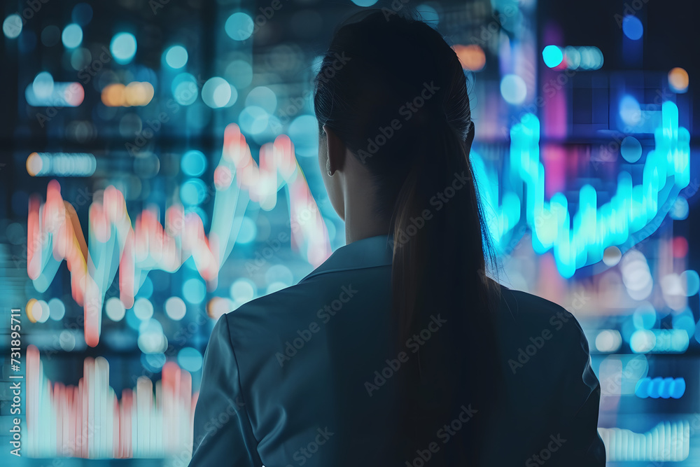 business woman looking at data, trading chart displaying statistics ...