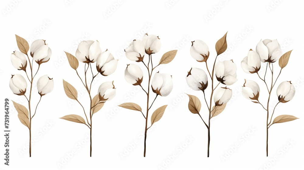 Watercolor cotton flowers clipart set hand painted floral illustrations ...