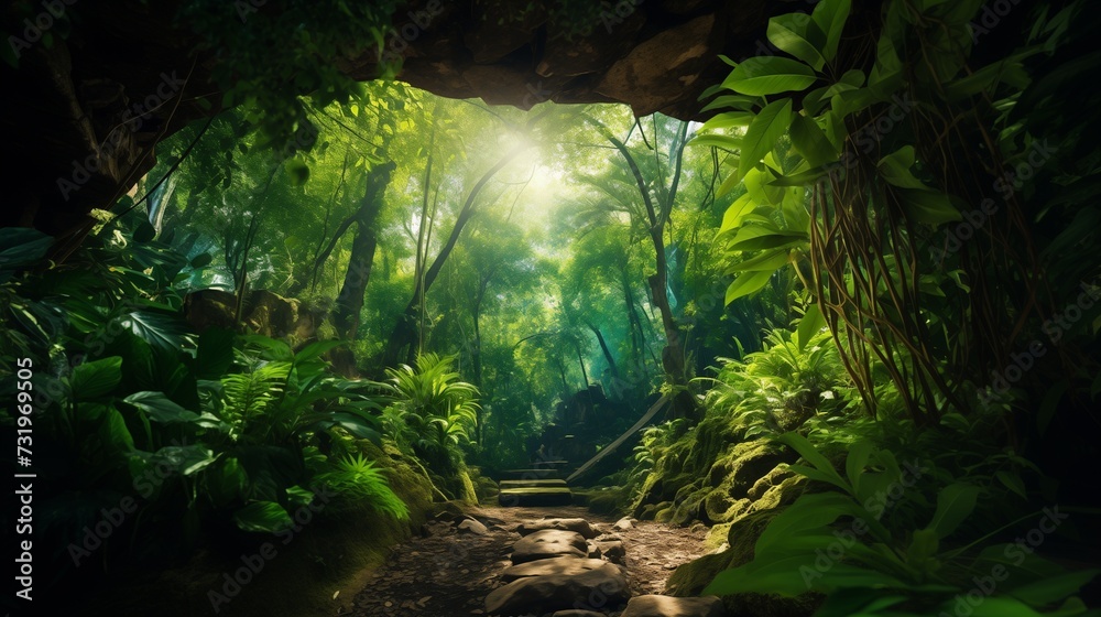 An immersive image depicting the deep tropical jungles of Southeast ...